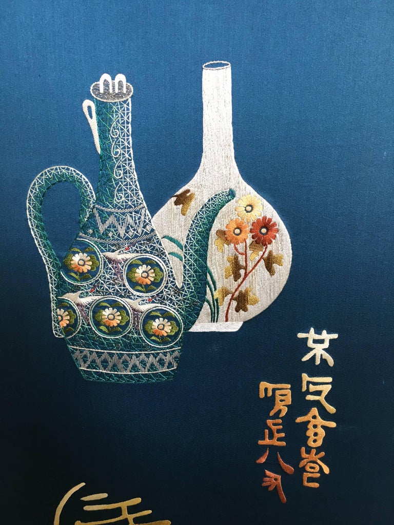 Vintage Korean Blue Silk Embroidered Eight Panel Screen, circa 1940s at ...