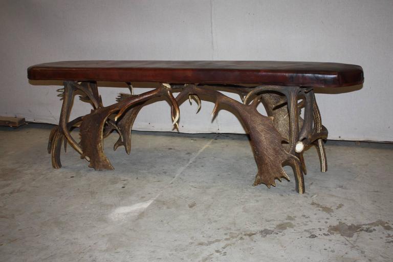 Fallow Deer Antler Bench with Leather Top at 1stDibs