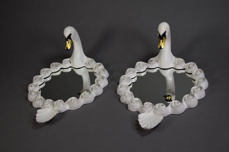 Pair of Glazed Stoneware Swan Mirrors by Gail Dooley For Sale at 1stDibs