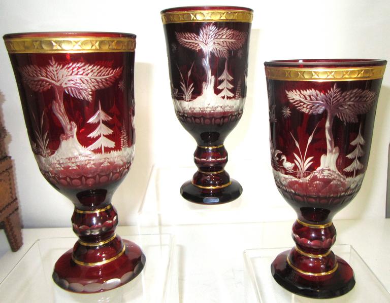 Group of Three Large Ruby Red Bohemain Glass Goblets For Sale at ...