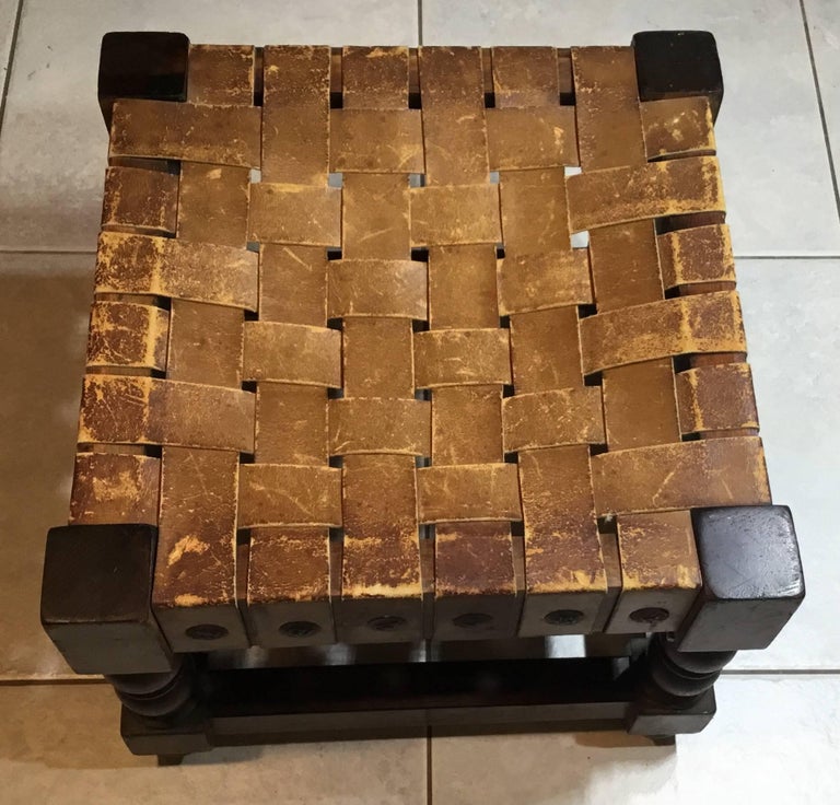Woven Leather Top Wood Stool at 1stDibs