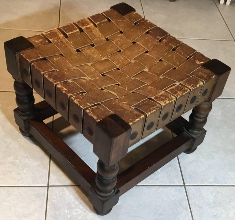 Woven Leather Top Wood Stool at 1stDibs
