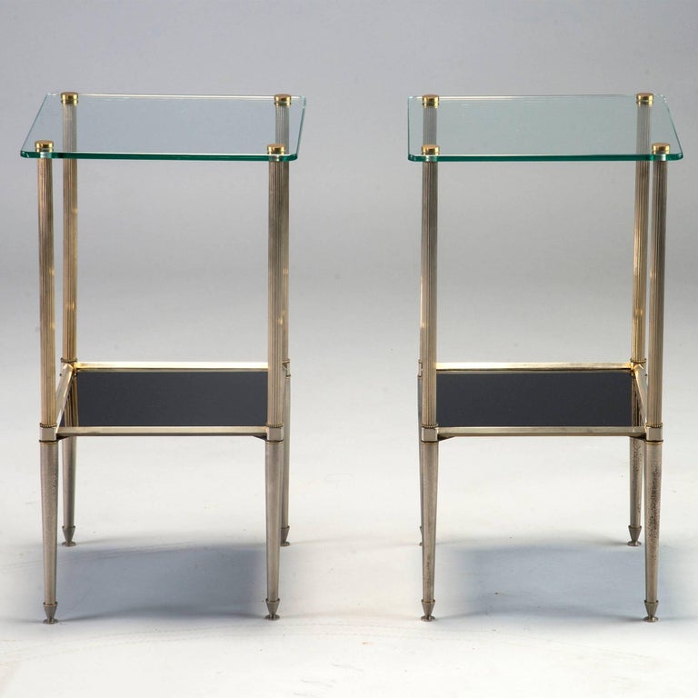 Pair of Brass Side Tables with Glass Top and Lower Shelf of Black Glass ...
