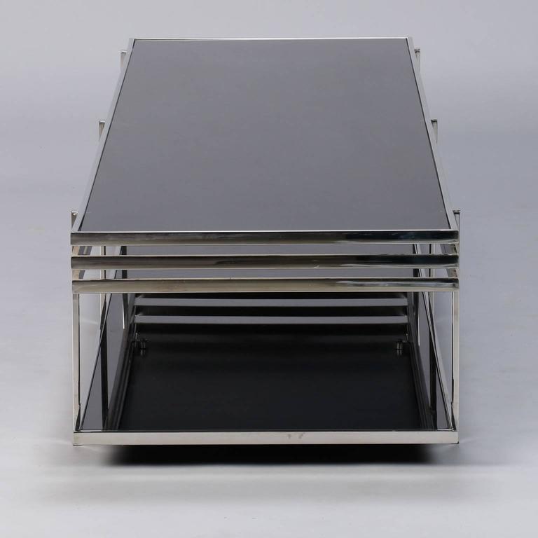 Midcentury Long and Low Black Glass and Chrome Coffee Table at 1stDibs