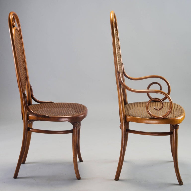 Set of Eight with Two-Arm Six Side Thonet 207R Long John Bentwood Caned ...