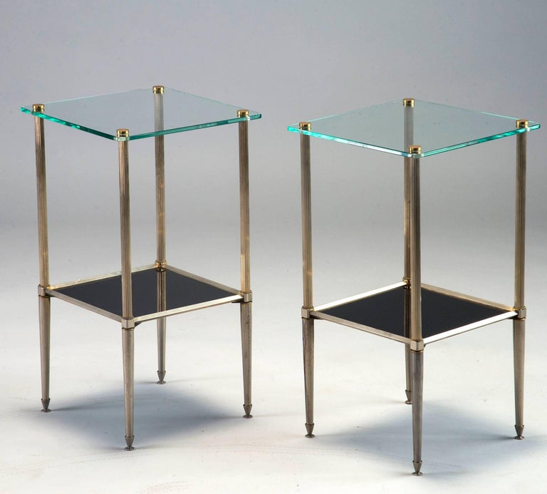 Pair of Brass Side Tables with Glass Top and Lower Shelf of Black Glass ...