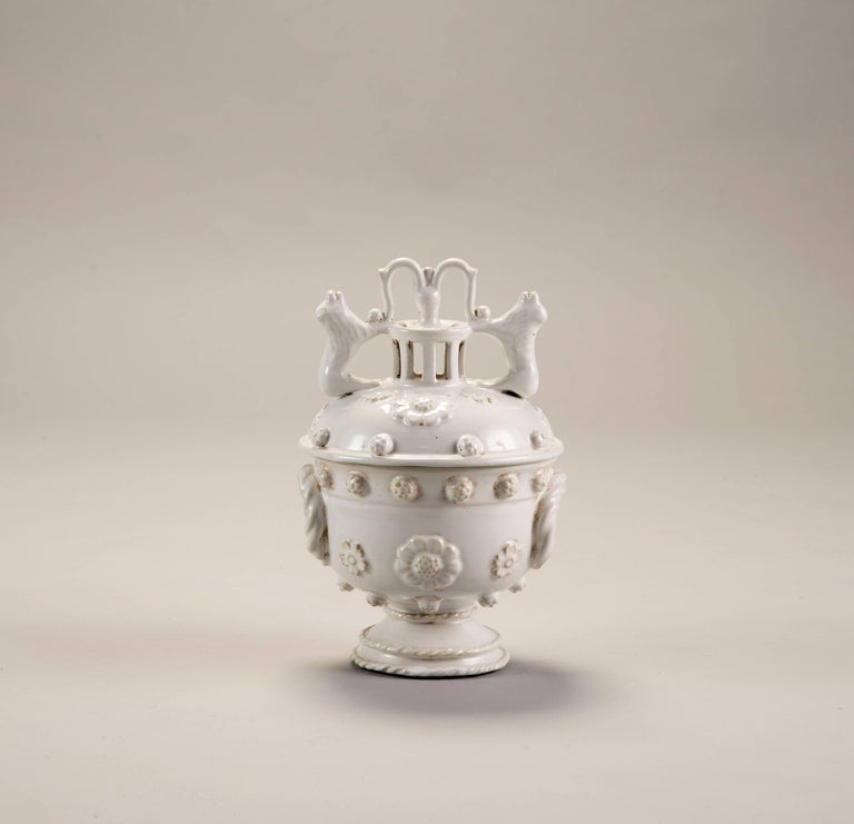 Emile Tessier Blanc Faience Malicorne Lidded Vase with Lions at 1stDibs