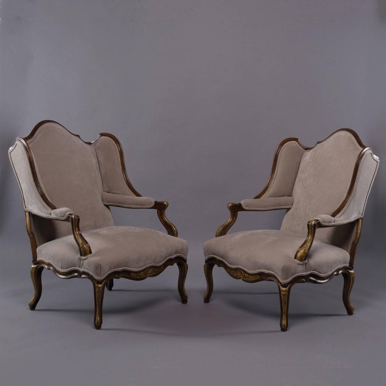 Pair of French Walnut Wing Chairs with Gilt Detailing at 1stDibs