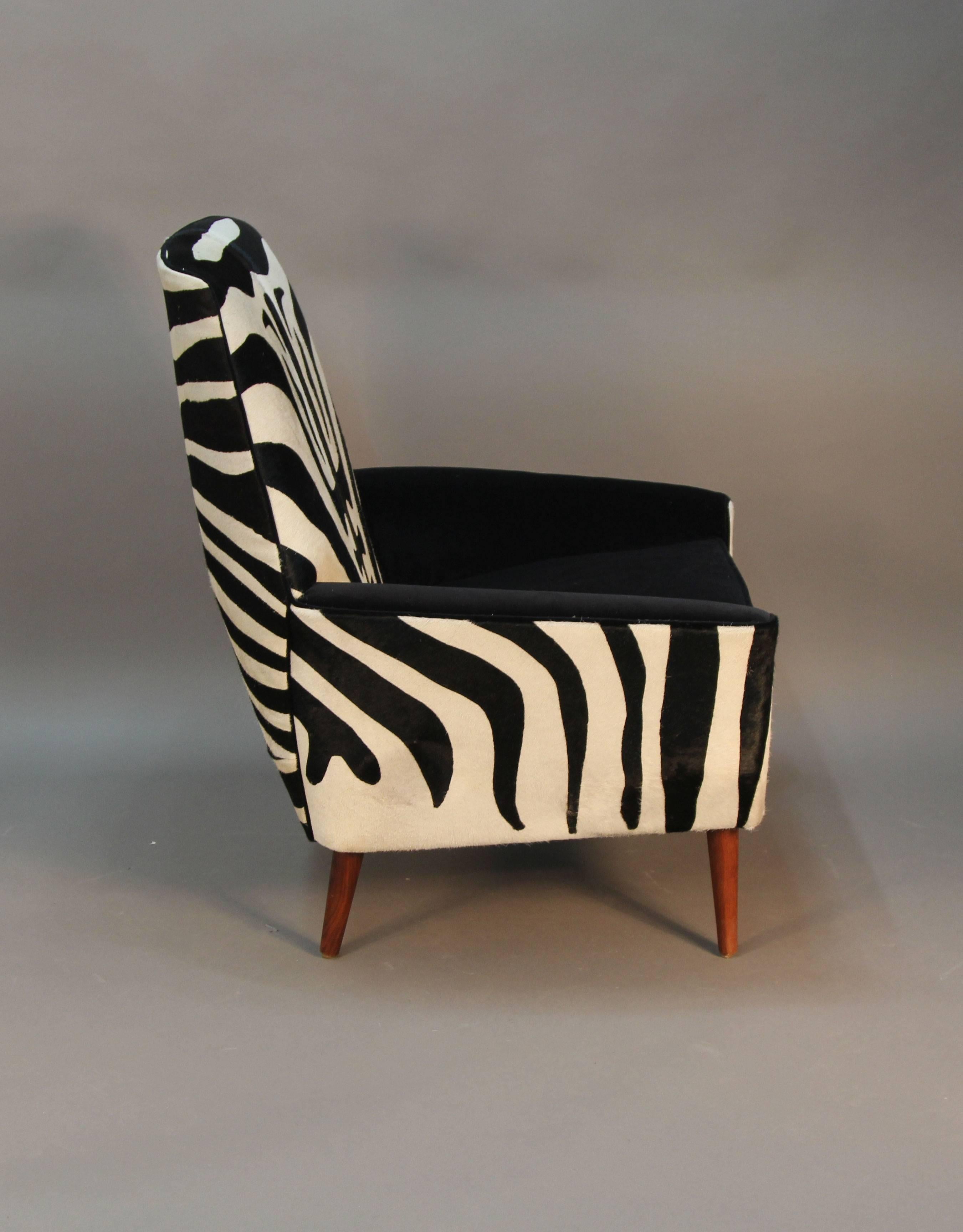 Pair of Newly Upholstered in Zebra Print Cowhide Mid-Century Club ...