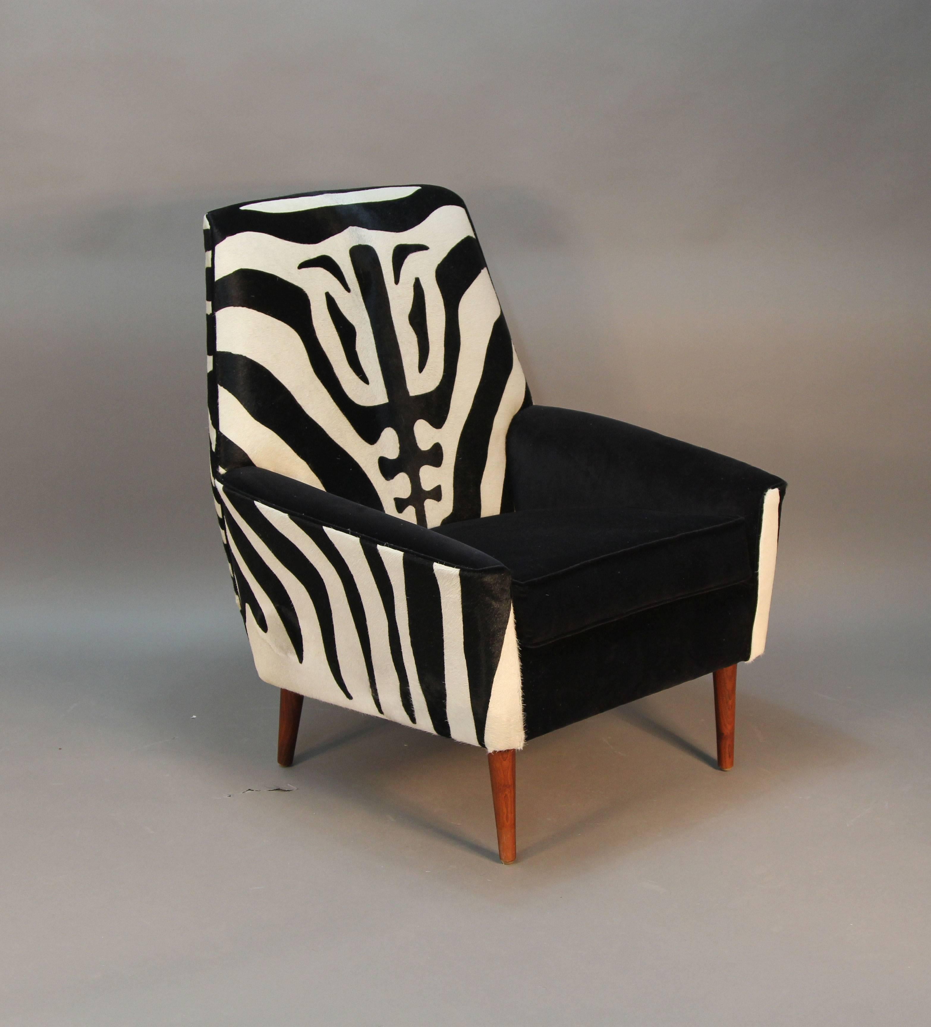 Pair of Newly Upholstered in Zebra Print Cowhide Mid-Century Club ...