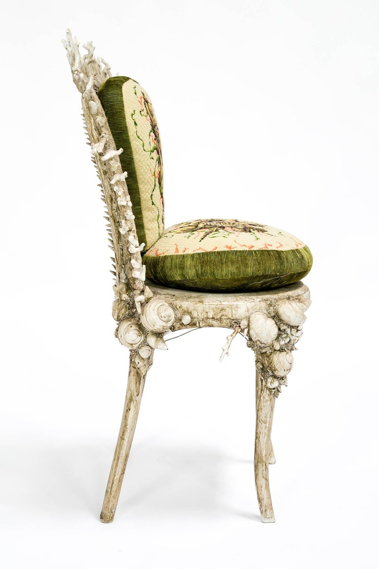 White Fantasy Shell and Coral Chair with Embroidered Pillow at 1stDibs
