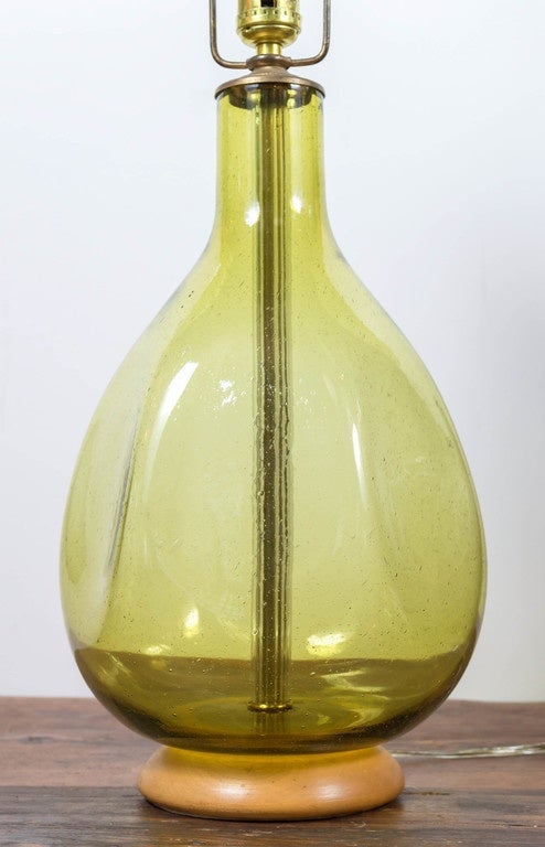 Pair of Lime Blenko Glass Lamps with Matching Finials at 1stDibs
