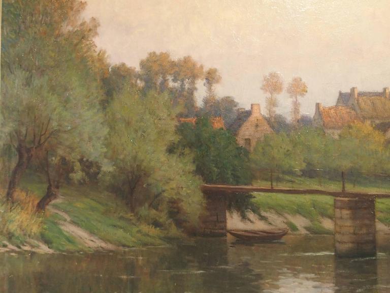 Antique French Landscape Painting of a River Crossing a Village, 80 ...