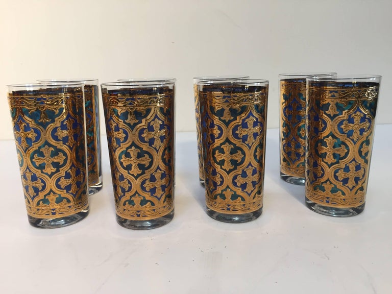 Vintage Set of Eight Highball Glasses Blue and Gold by Georges Briard ...
