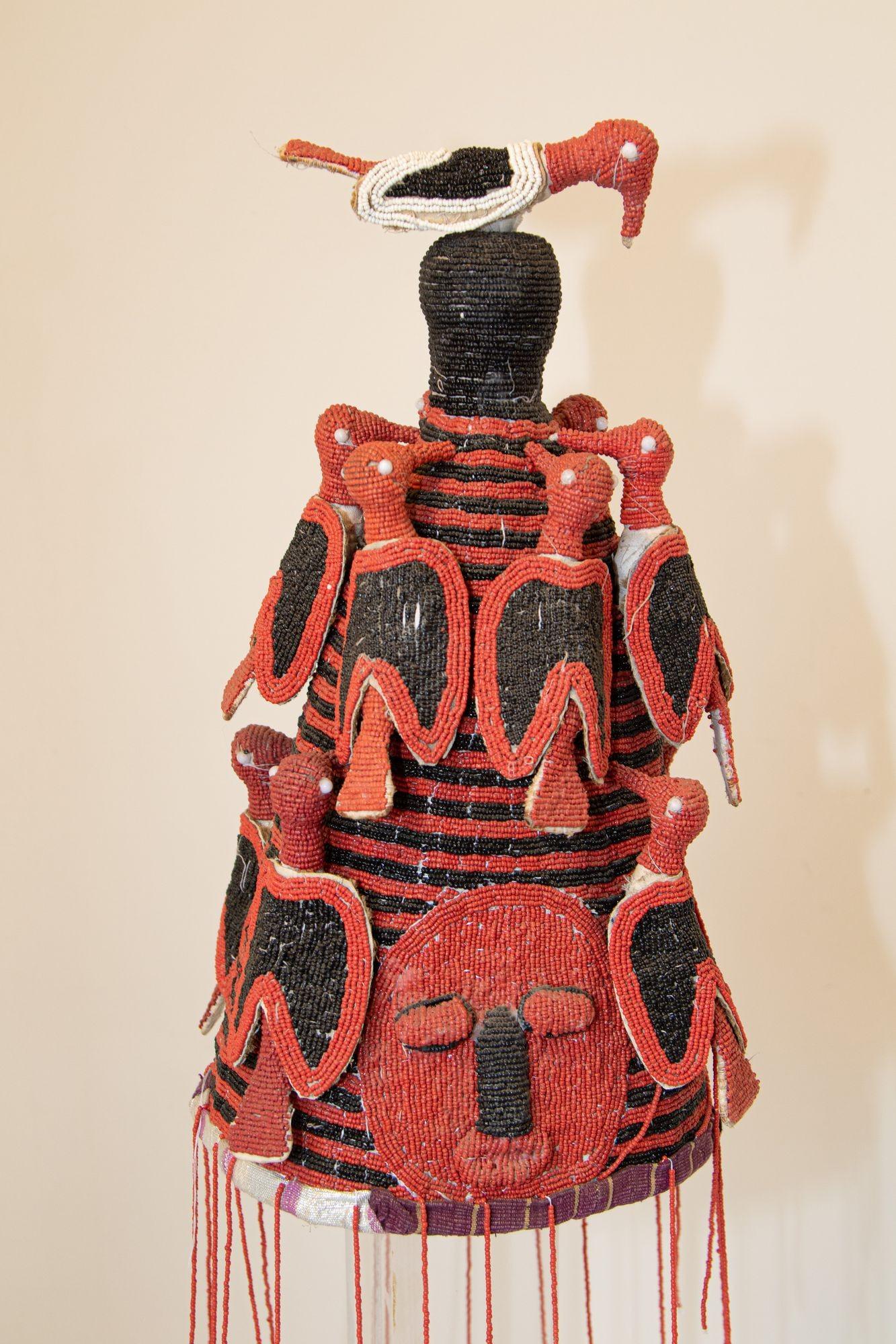 Yoruba Nigeria African Red Royal Beaded Headdress Crown on Lucite Stand ...