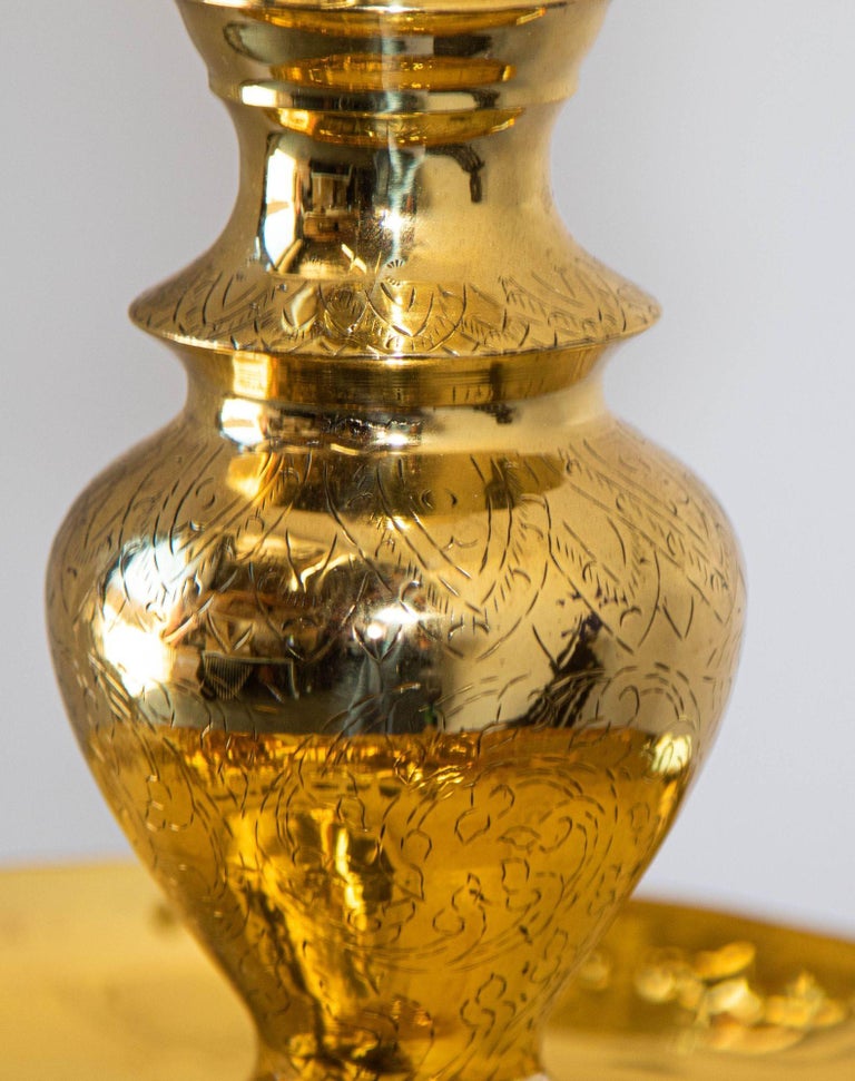 Vintage Polished Brass Moroccan Pillar Candle Holder For Sale at 1stDibs