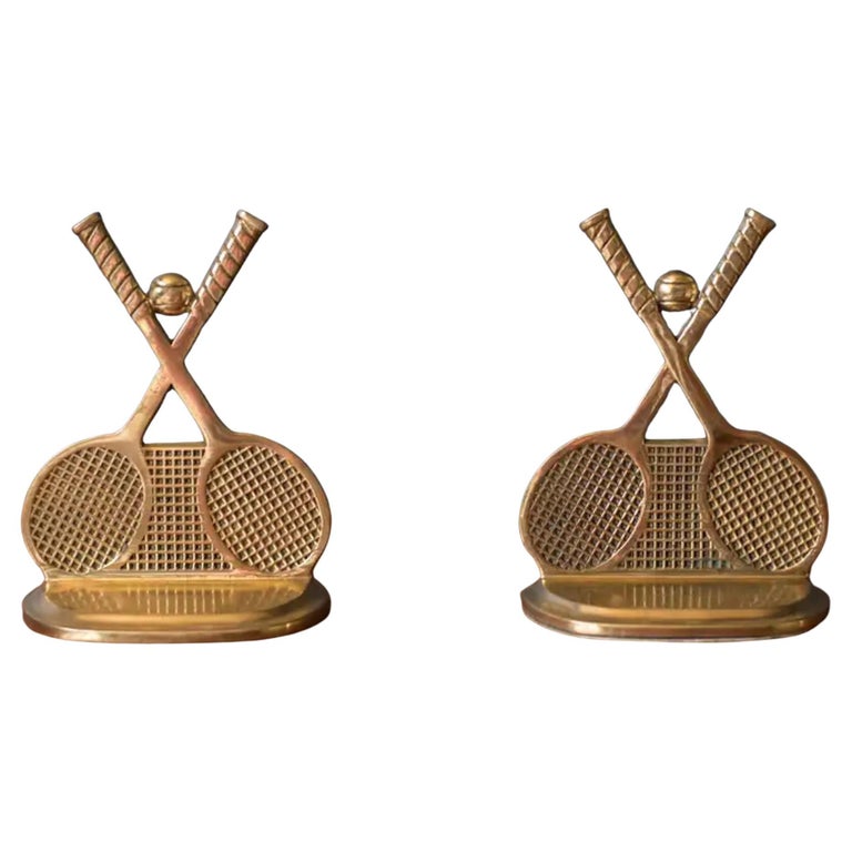 Pair of Vintage Brass Tennis Racket and Ball Bookends For Sale at 1stDibs