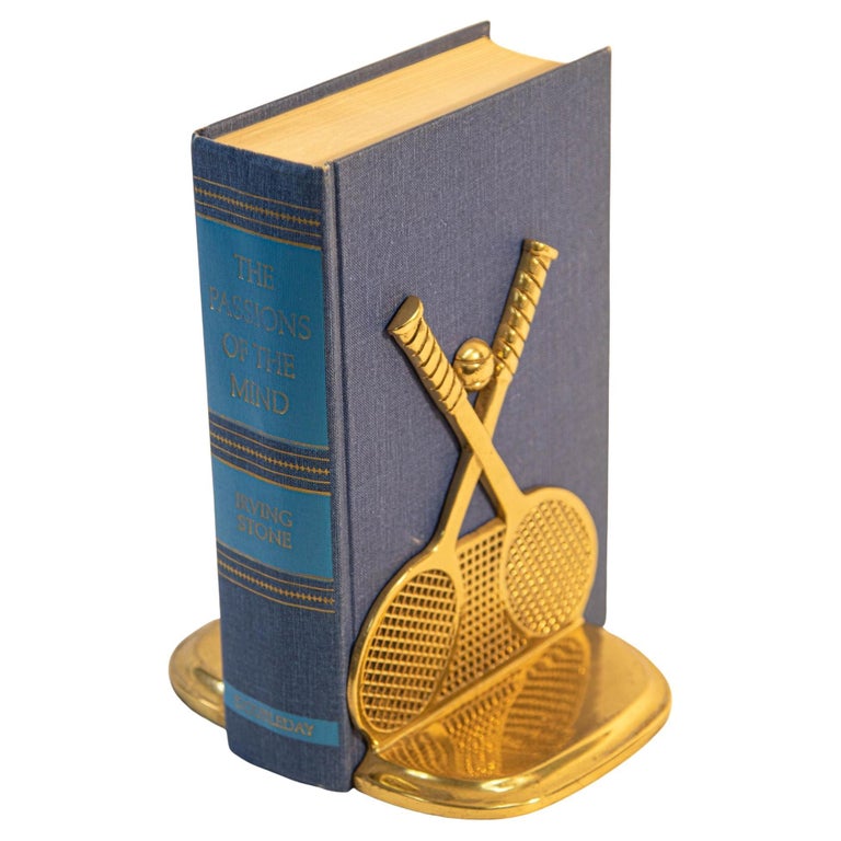Pair of Vintage Brass Tennis Racket and Ball Bookends For Sale at 1stDibs