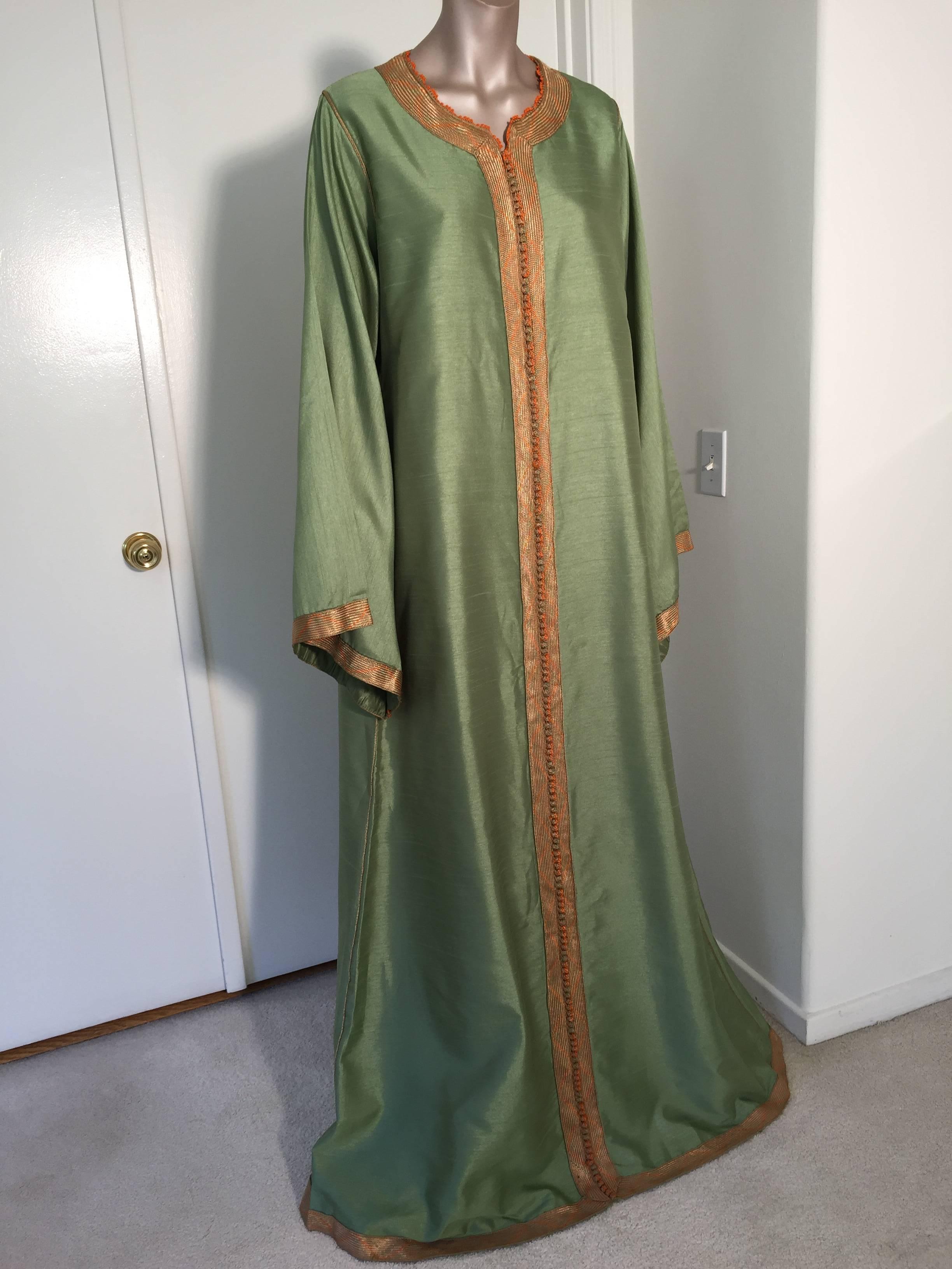 Moroccan Green and Gold Silk Caftan, Kaftan at 1stDibs