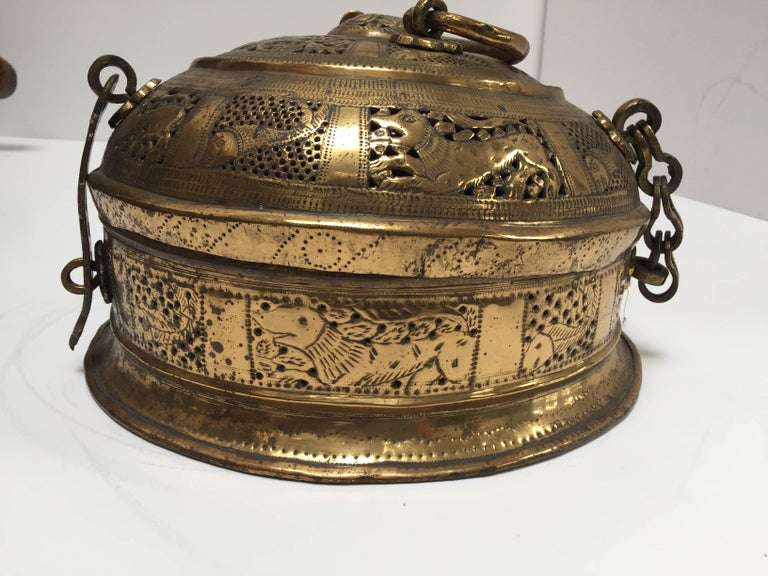 Anglo Indian Large Round Decorative Brass Box with Lid at 1stDibs