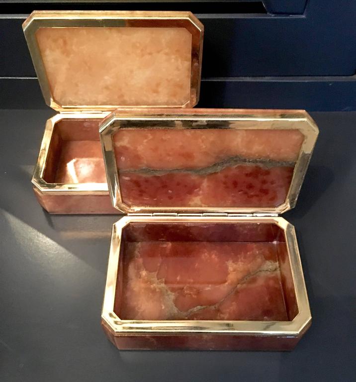 Pair of Italian Alabaster Boxes with Brass Trim at 1stDibs