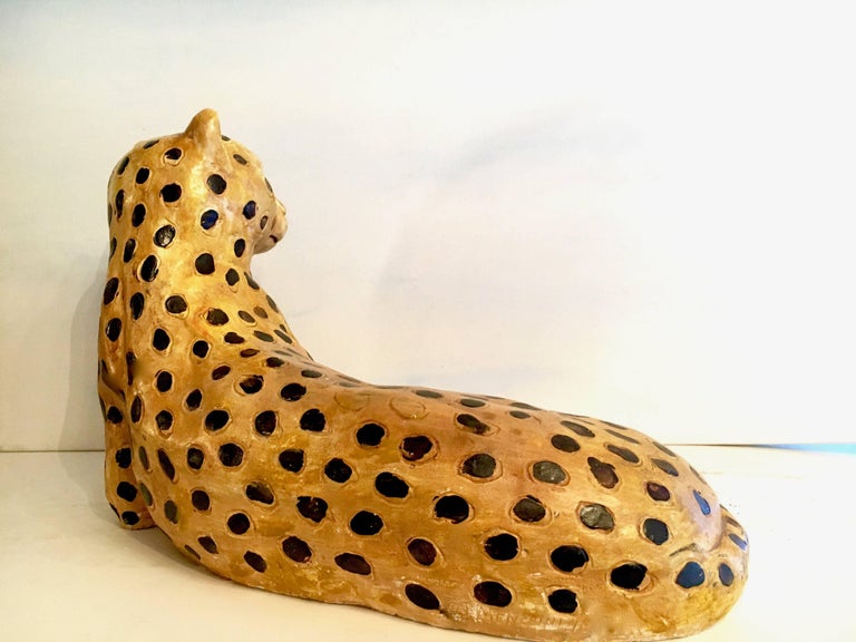 Vintage Plaster Sculpture of a Lounging Leopard at 1stDibs