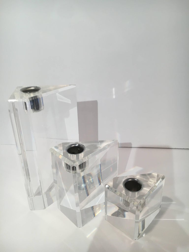Set of Three Triangular Acrylic Candlesticks For Sale at 1stDibs