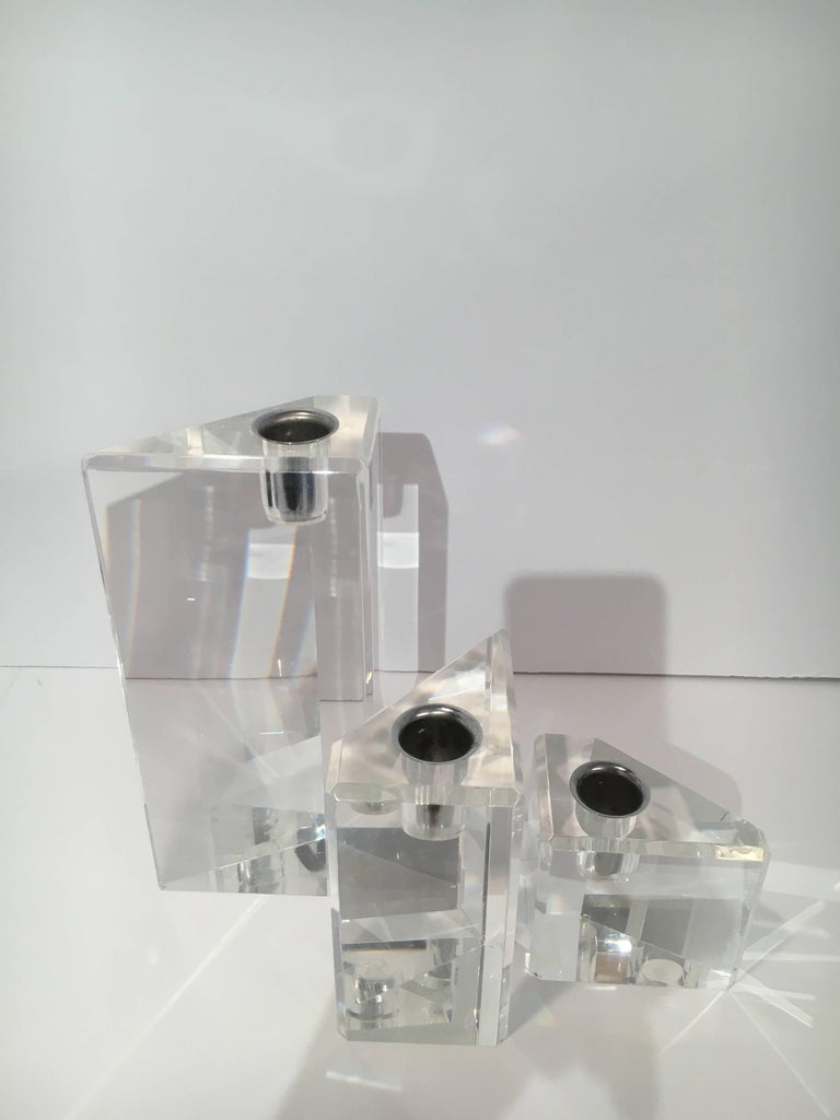 Set of Three Triangular Acrylic Candlesticks For Sale at 1stDibs