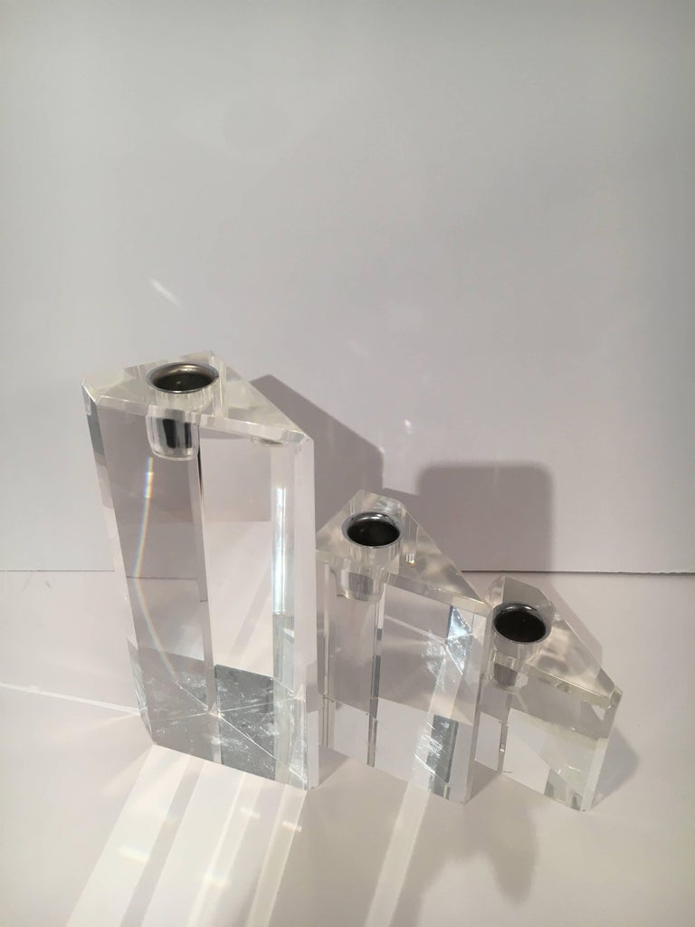 Set of Three Triangular Acrylic Candlesticks For Sale at 1stDibs