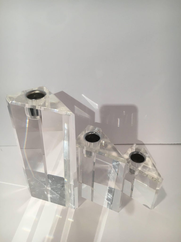 Set of Three Triangular Acrylic Candlesticks For Sale at 1stDibs