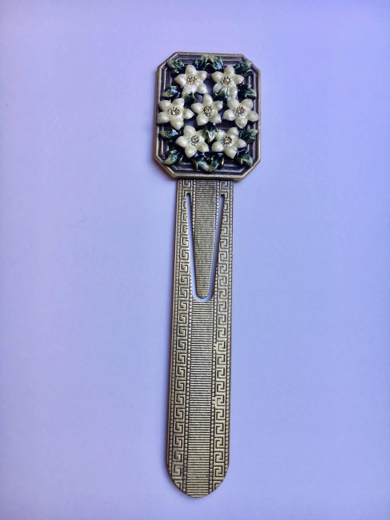 French Enamel and Brass Bookmark with Semi Precious Stones and Floral ...
