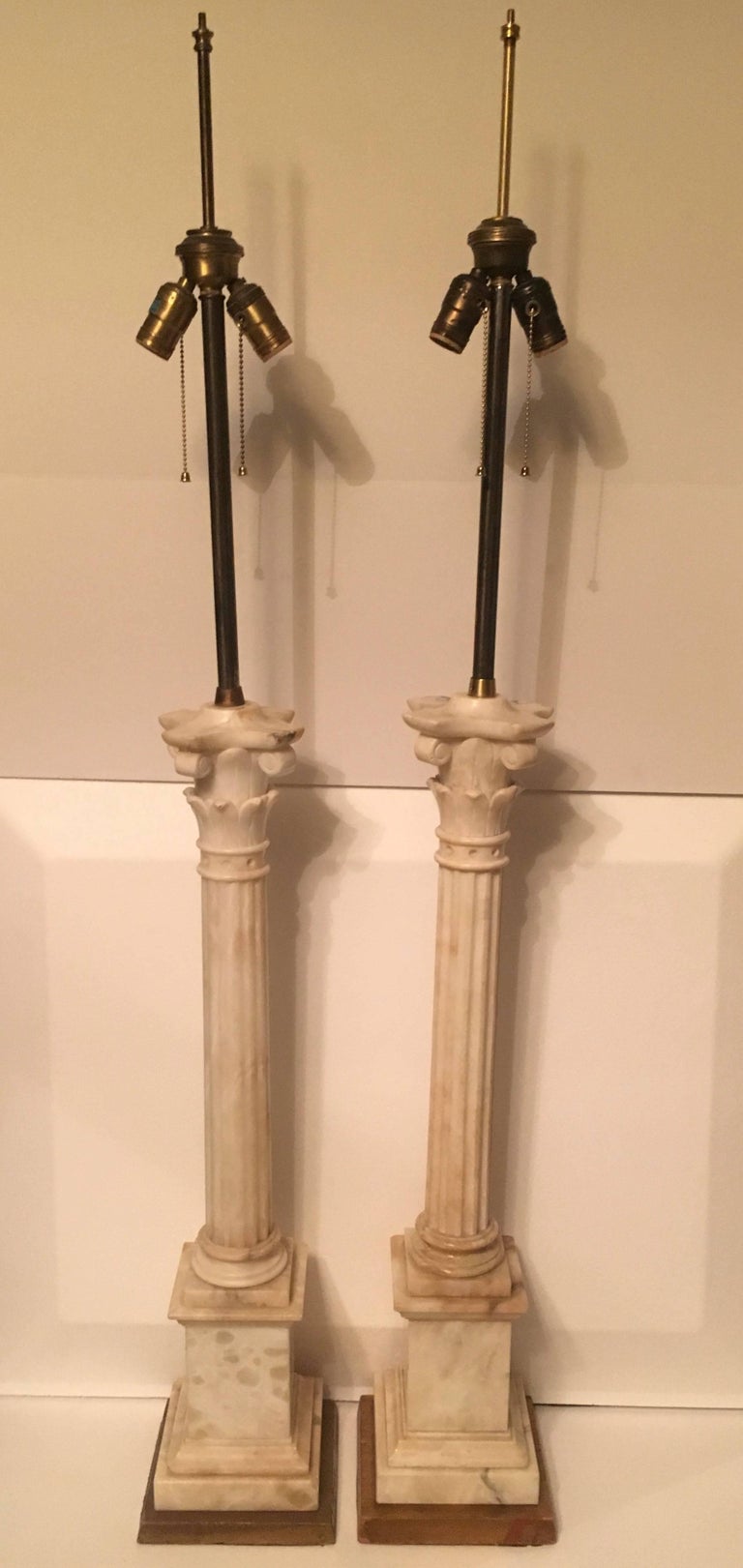 Pair of Marble Column Lamps on Gold Leaf Base at 1stDibs