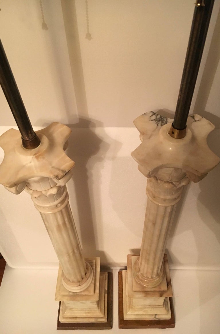 Pair of Marble Column Lamps on Gold Leaf Base at 1stDibs