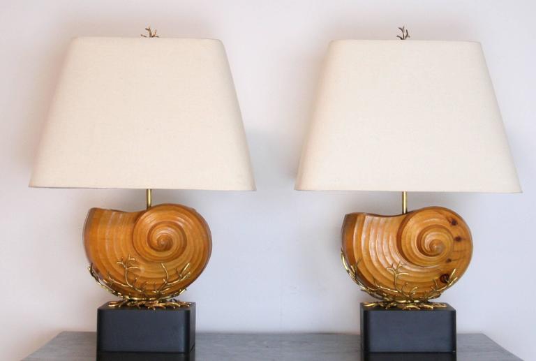 Pair of Carved Wood Nautilus Shell Lamps For Sale at 1stDibs