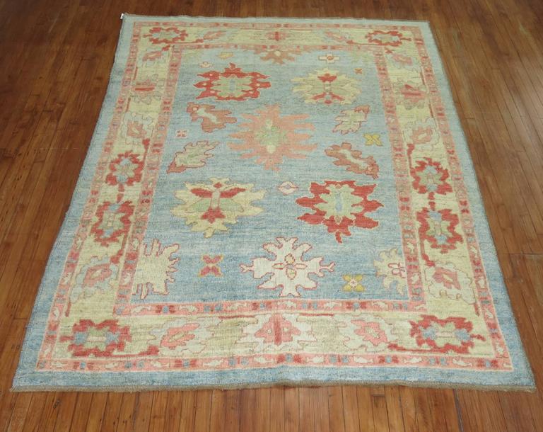 Blue Pink Vintage Inspired Oushak Rug For Sale at 1stDibs