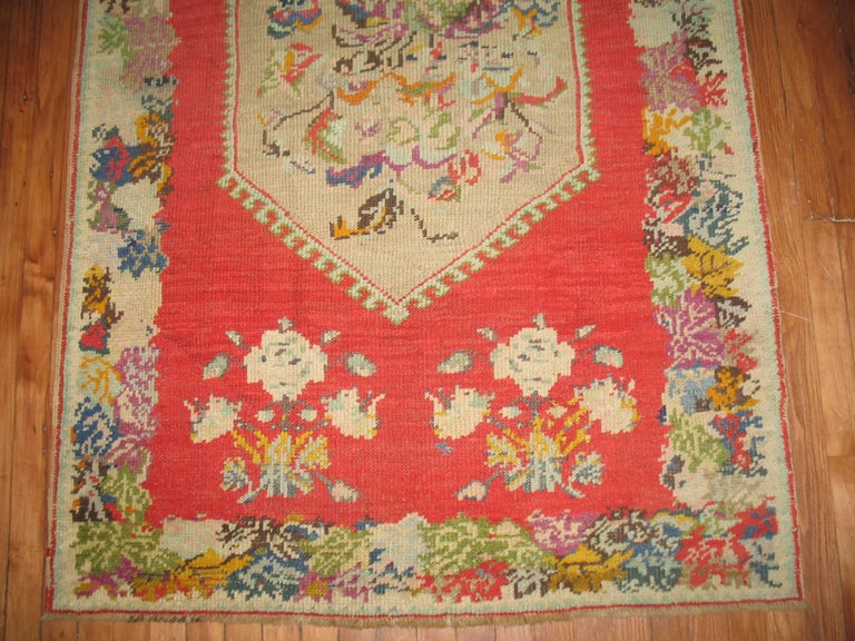 20th Century Bright Red Colorful Hand Knotted Turkish Ghiordes Rug For ...