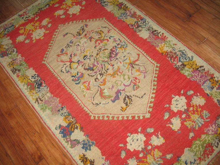 20th Century Bright Red Colorful Hand Knotted Turkish Ghiordes Rug For ...