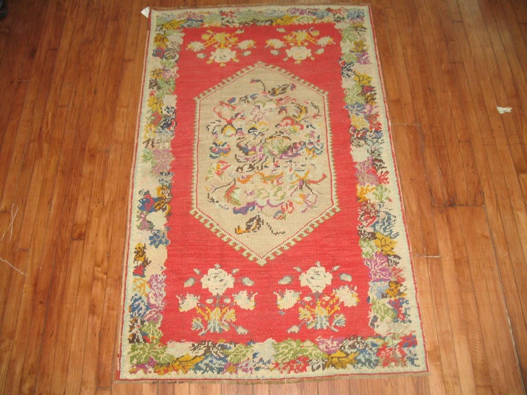 20th Century Bright Red Colorful Hand Knotted Turkish Ghiordes Rug For ...