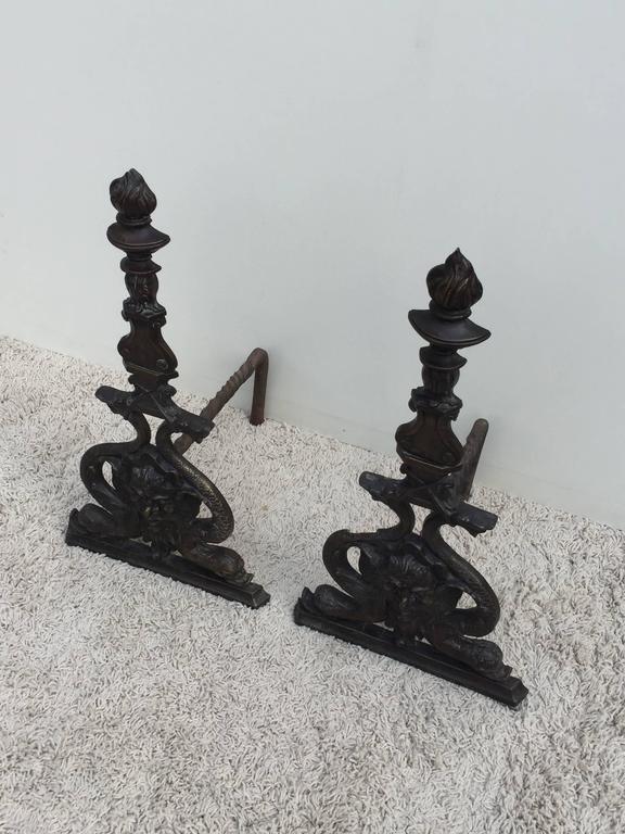 French Edgar Brandt Style Bronze Poseidon Dolphin Andirons For Sale at ...