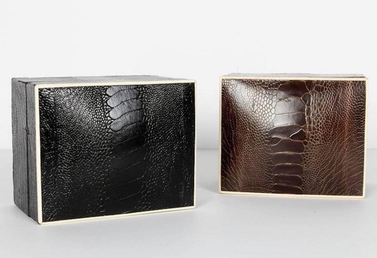 Exotic Ostrich Brown Leather Decorative Box with Bone Inlay For Sale at ...