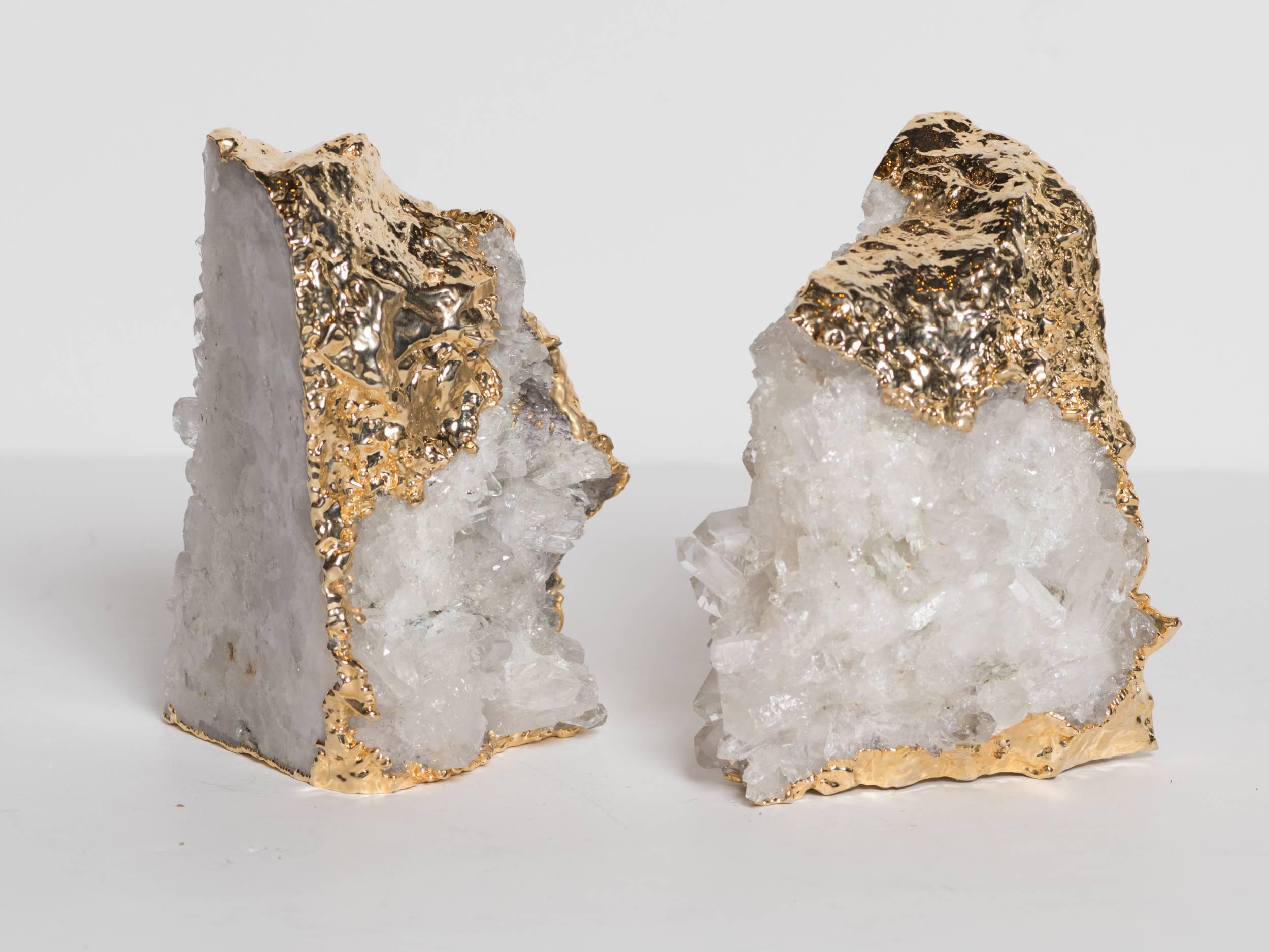 Pair of Exquisite Rock Crystal Quartz Bookends Wrapped in 24-Karat Gold ...