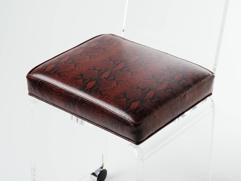 Mid-Century Modern Lucite Vanity Stool in Red Leather Snakeskin at 1stDibs