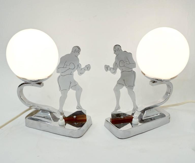 Art Deco English Nickel Pair of Boxer Table / Desk Lamps with White ...