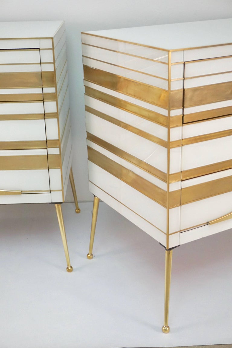 Contemporary Italian Pair of Gold Brass and White Cream Glass Chests ...