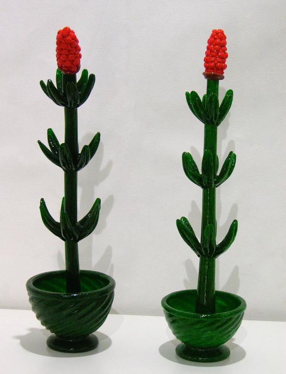 1980s Italian Pair of Organic Green Murano Glass Potted Plants with Red ...