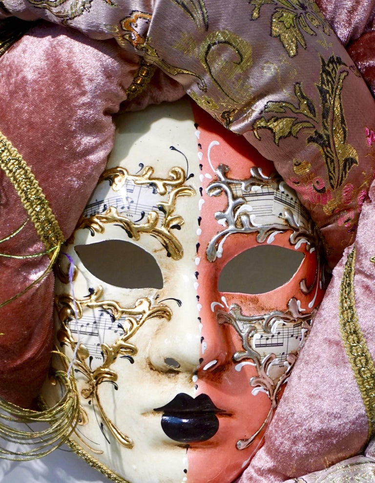 Venetian Handmade Pink Rose Fabric Turban Mask with Handle and Feathers ...