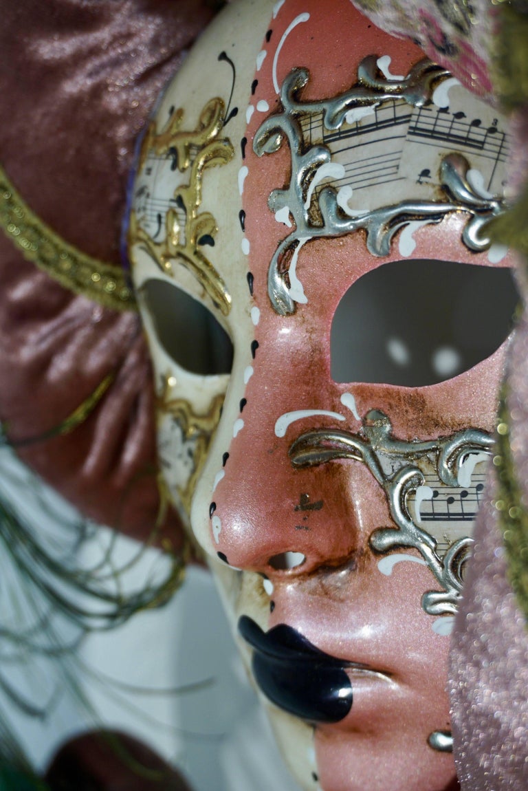 Venetian Handmade Pink Rose Fabric Turban Mask with Handle and Feathers ...