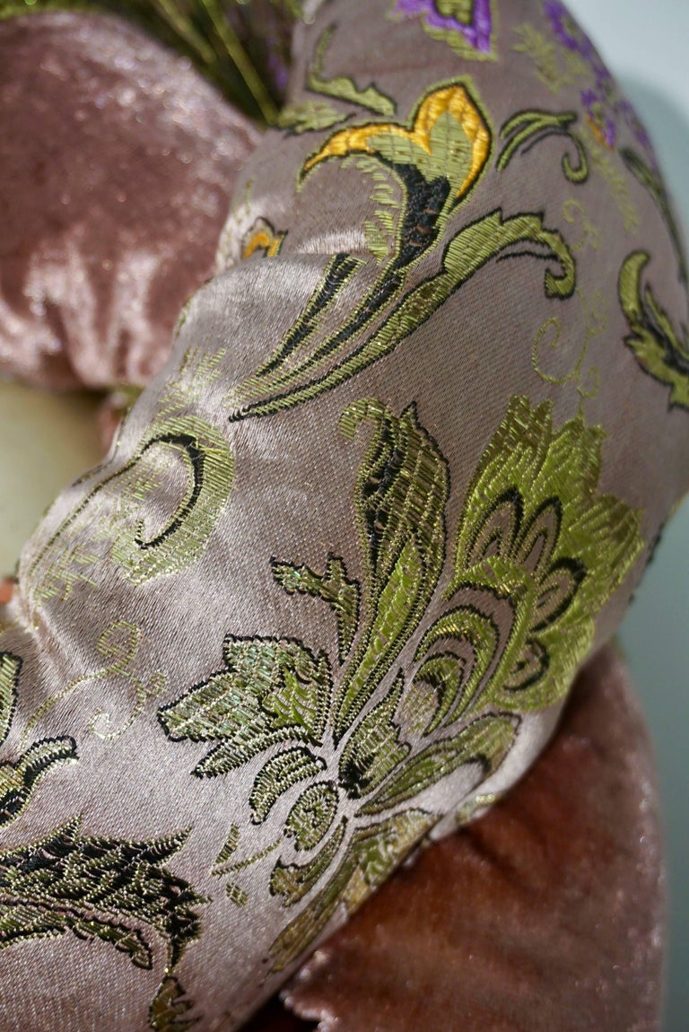 Venetian Handmade Pink Rose Fabric Turban Mask with Handle and Feathers ...
