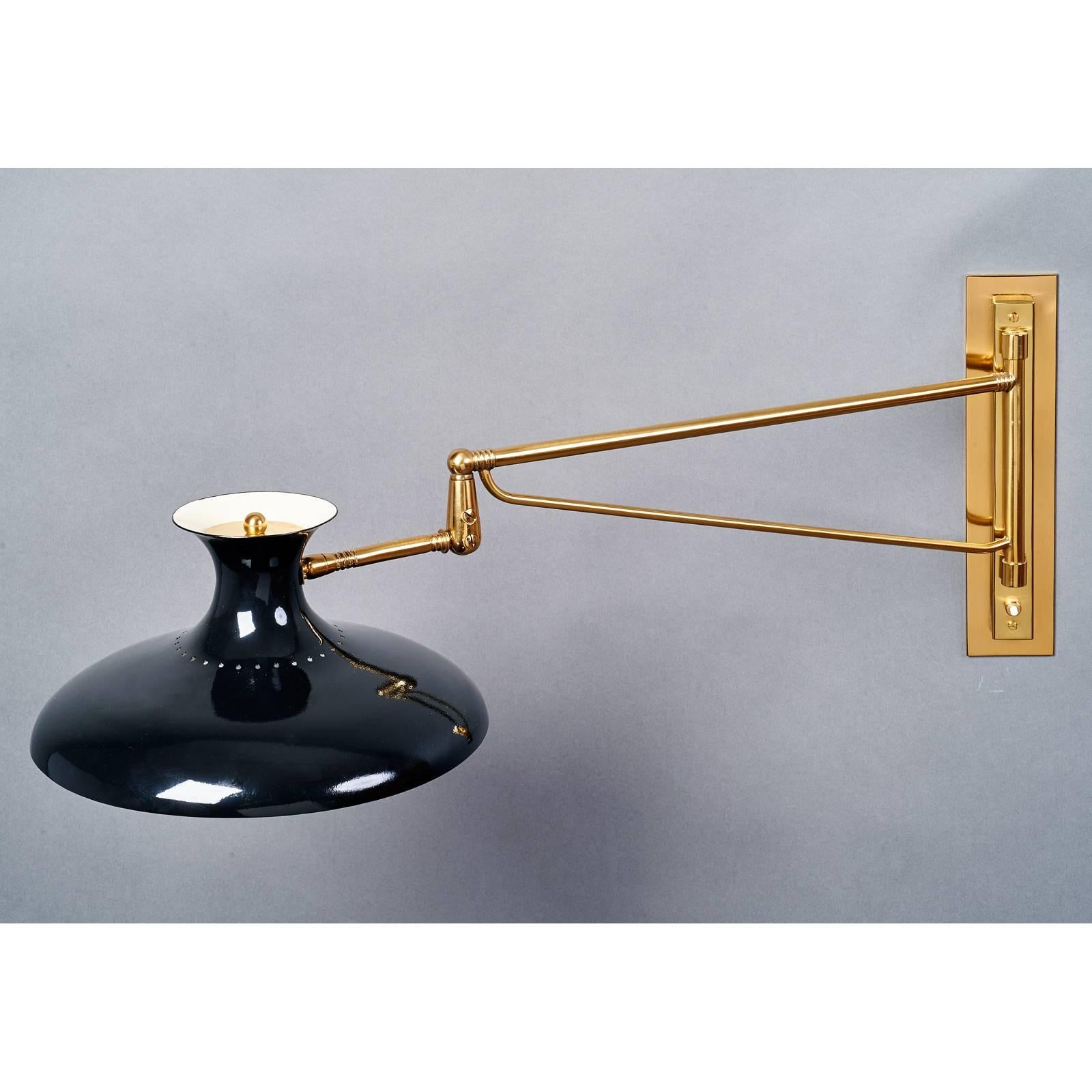 Pair of Swing Arm Brass Adjusting Sconces with Enameled Shade, Italy ...