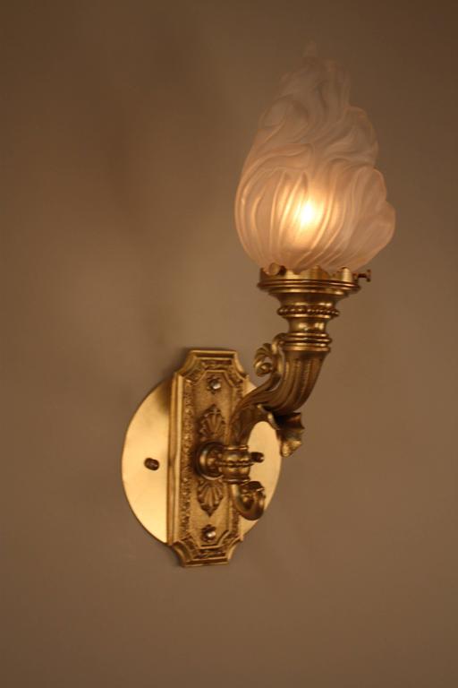Pair of Bronze Torch Flame Glass Wall Sconces at 1stDibs | flame sconce